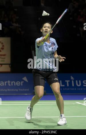 Thailand's Pornpawee Chochuwong returns a shuttlecock to Denmark's Mia ...