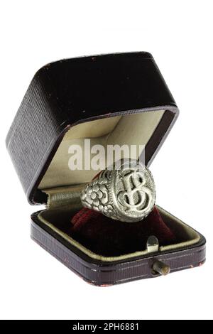 antique silver seal ring in vintage ring box isolated on white ...