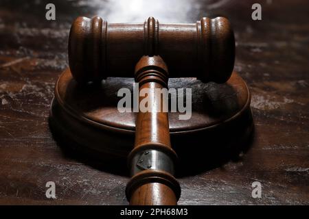 wooden gavel with sound block on desktop Stock Photo - Alamy