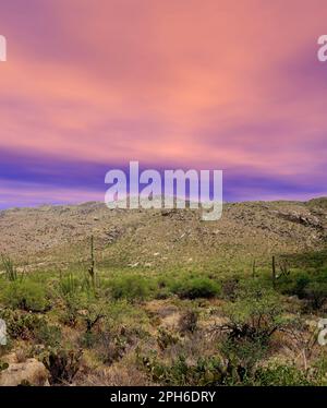 Sunset and boulder chain in the Sonora desert in central Arizona USA ...
