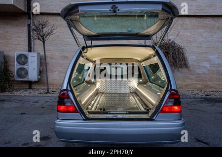 Interior view of empty car hearse without coffin Stock Photo - Alamy