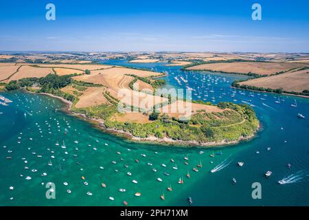 Aerial view of SALCOMBE and Kingsbridge Estuary from a drone, South ...