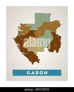 Gabon map. Country poster with regions. Shape of Gabon with country ...