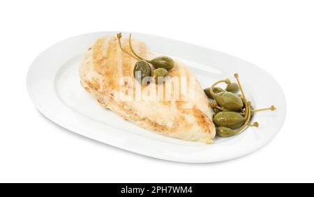 Delicious cooked chicken fillet with capers on white background Stock ...