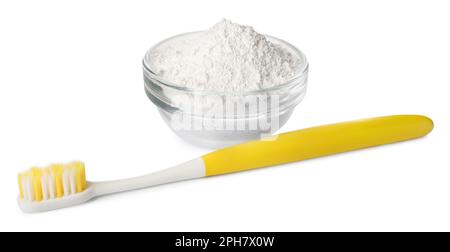 Glass bowl of tooth powder and brush on white background Stock Photo ...