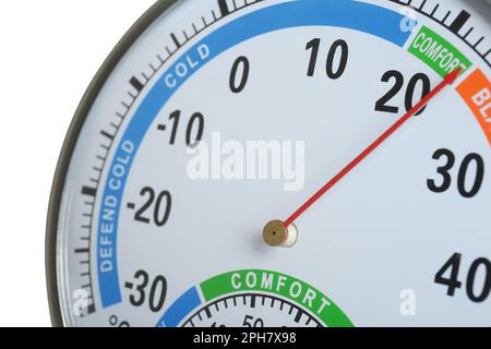 Round mechanical hygrometer on white background, closeup ...