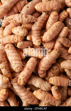 pile of cleaned turmeric rhizomes or roots isolated on white background ...