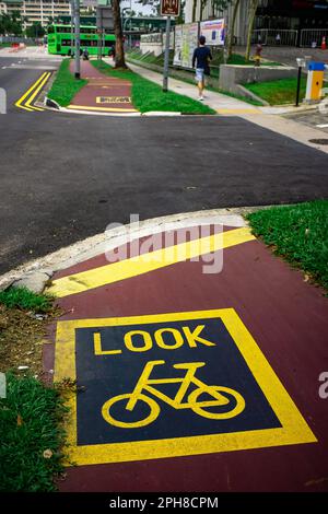 Slow Down Bicycle sign painted on concrete pavement on the Brisbane ...