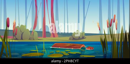 Green swamp and cattail near lake, mountain skyline vector background ...