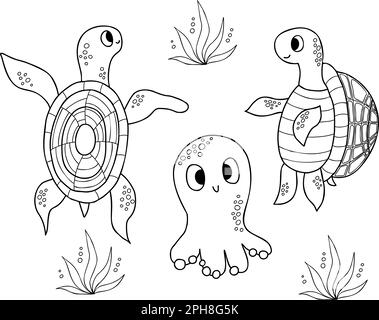 Set Clipart Turtle Coloring Page and Colored Illustration. Kawaii ...