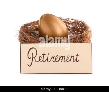 One golden egg and card with word Retirement in nest on white ...