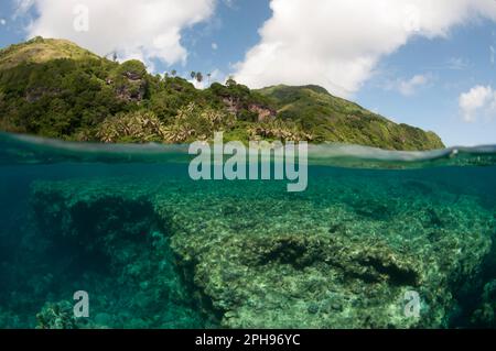 Split shot of coastline, reef and land, Tanimbar, Forgotten Islands ...