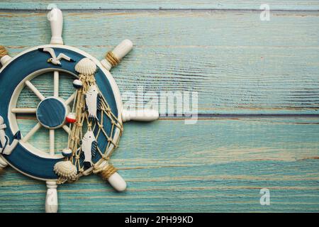 Marine Items nautical Decoration with space copy on wooden background ...