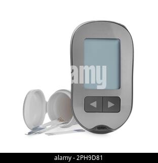 Diabetes testing equipment on a white background Stock Photo - Alamy