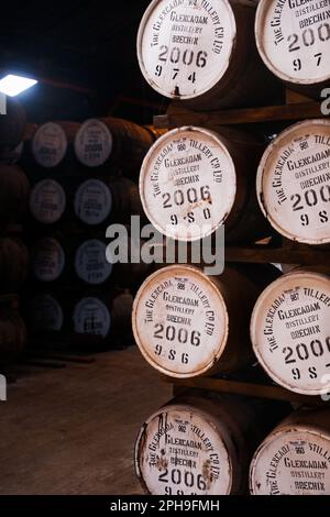 Whisky maturing in barrels stowed at Glencadam distillery which first ...