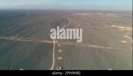 HAMI, CHINA - MARCH 26, 2023 - Aerial photo of Karez in the desert in ...