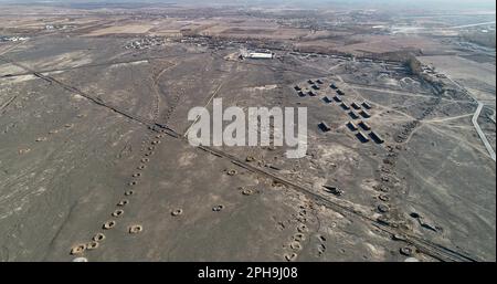 HAMI, CHINA - MARCH 26, 2023 - Aerial photo of Karez in the desert in ...
