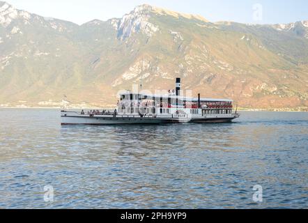 Paddle steamer Italia calls at Limone Sul Garde, a popular town on the ...