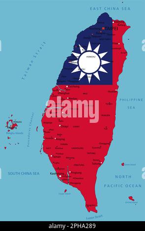 Taiwan highly detailed political map with national flag isolated on ...