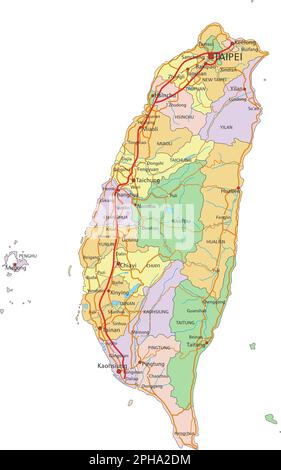 Taiwan editable outline map. Taiwanese red border. Country name. Adjust ...