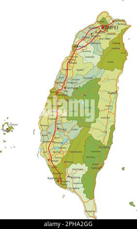 Taiwan editable outline map. Taiwanese red border. Country name. Adjust ...