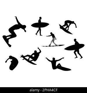 Surfers black silhouettes on a white background, vector illustration ...