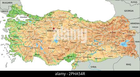 High detailed Turkey physical map with labeling Stock Vector Image ...