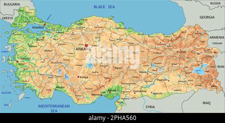 High detailed Turkey physical map with labeling Stock Vector Image ...