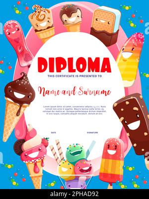 Kids diploma with cartoon ice cream characters. Vector award frame ...