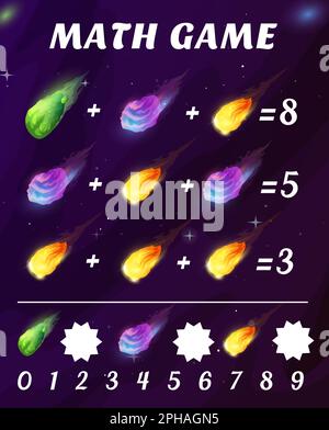 Asteroids, comets and meteors math game worksheet. Vector mathematics ...