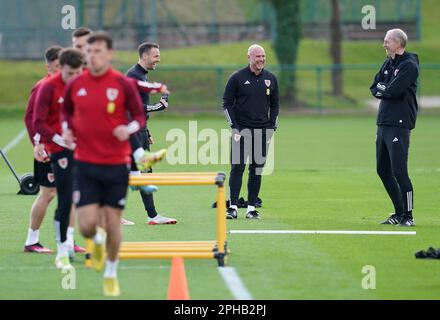 Wales' Chris Gunter, manager Rob Page and Alan Knill during a training ...