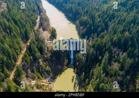 Aerial view of the Alder Dam and Nisqually River in the Cascade ...