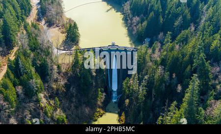 Aerial view of the Alder Dam and Nisqually River in the Cascade ...