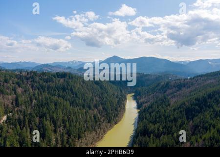 Aerial view of the Alder Dam and Nisqually River in the Cascade ...