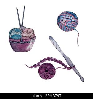 watercolor balls of yarn for knitting Stock Photo - Alamy