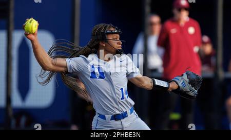 Duke's Jala Wright (14) pitches during an NCAA softball game on Friday ...