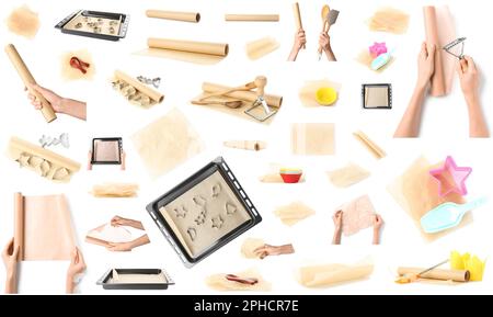 Collage of baking paper with kitchen utensils on white background Stock ...
