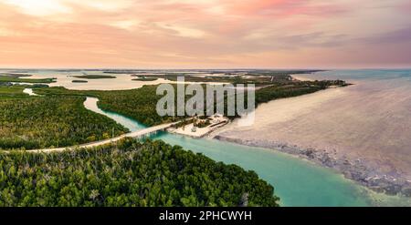 Aerial sunset with the bridge between Sugarloaf and Saddlebunch Keys ...