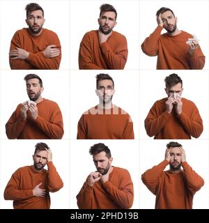 Collage with photos of man with cold symptoms on turquoise background ...