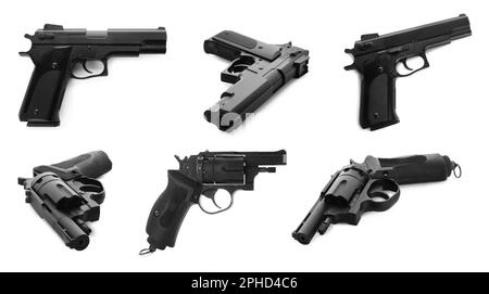Set with different handguns on white background Stock Photo - Alamy