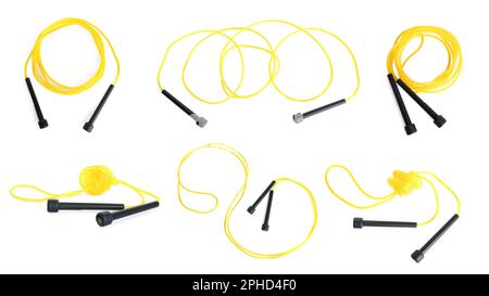Set with yellow skipping ropes on white background. Banner design Stock ...
