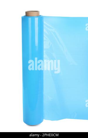 Roll of light blue stretch wrap isolated on white Stock Photo - Alamy