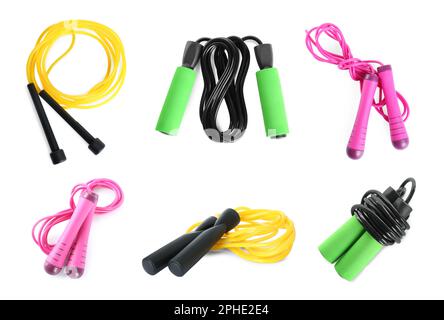 Set with different skipping ropes on white background. Banner design ...