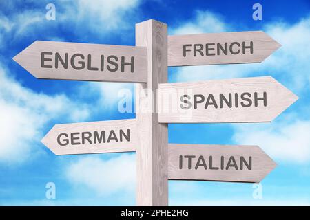 Wooden signpost with names of different languages outdoors Stock Photo ...