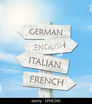 Wooden signpost with names of different languages outdoors Stock Photo ...