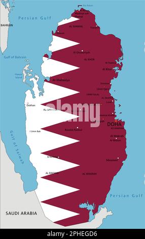Qatar highly detailed political map with national flag isolated on ...