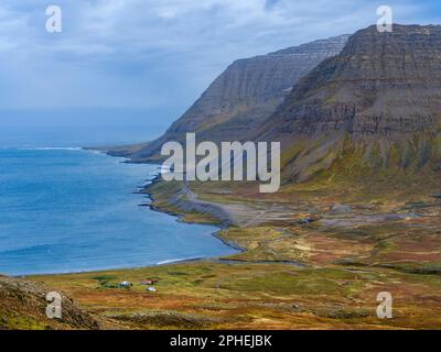Landscape along the Strandavegur at Veidileysufjoerdur. The Strandir in ...