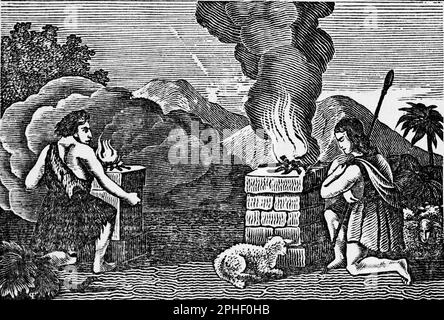 Cain and Abel offering their sacrifices to god. Liebig card, Bible ...