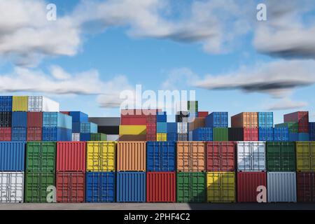 Lots of long cargo containers stacked at the terminal/port for import ...