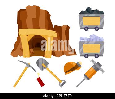 Cartoon mining elements. Mine cave entrance, mining elevator and tools ...